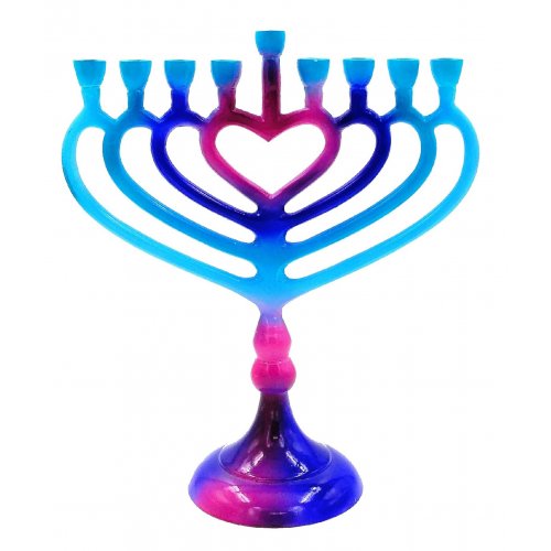 Blue and Pink Chanukah Menorah on Stem with Heart Outline - For Candles ...
