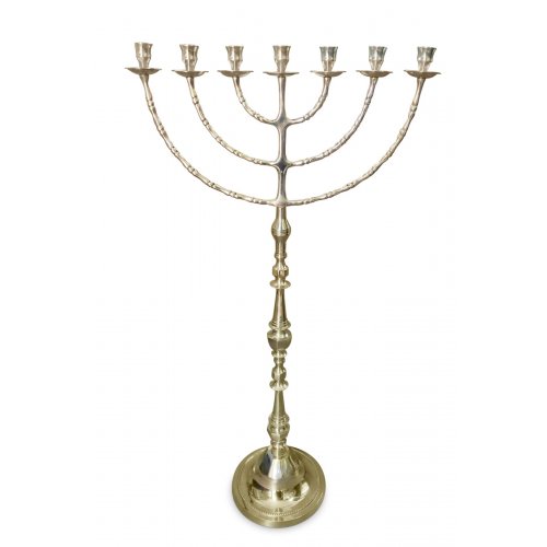 Extra Large Seven Branch Menorah on Stem, Gold Brass - 32" | aJudaica.com