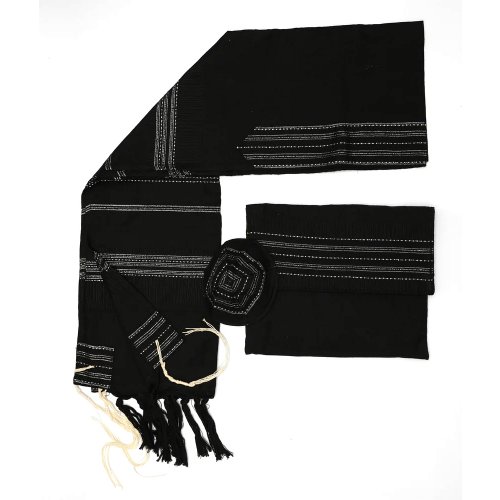 Gabrieli Handwoven Elia Silk Black Tallit Set - Silver Stripes ...