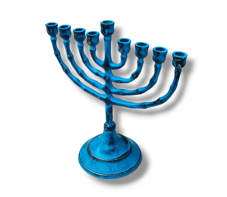 Small Blue Patina Chanukah Menorah, For Candles - 6 inches | aJudaica.com