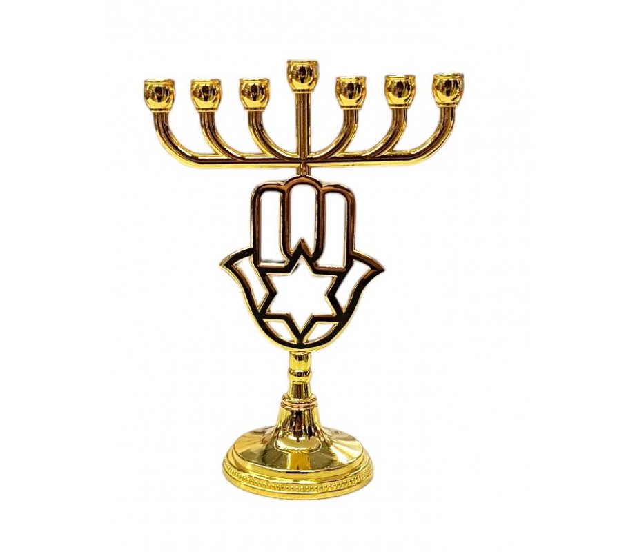 Small Gold Color Seven Branch Menorah with Hamsa and Star of David ...