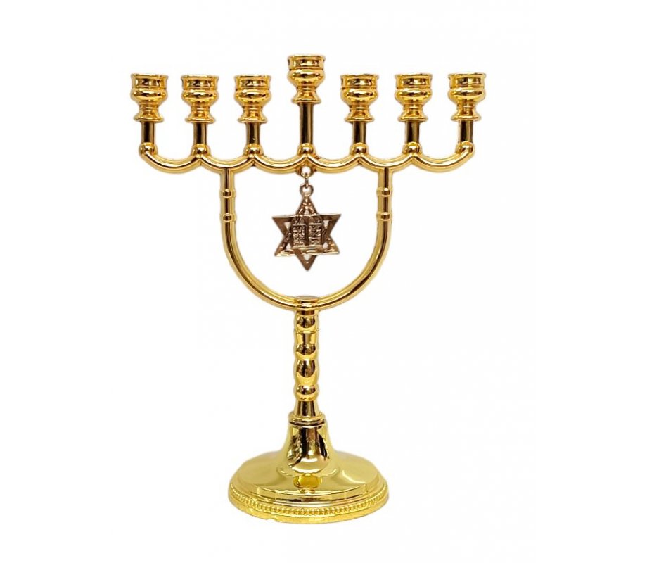 Small Gold Metal Seven Branch Menorah with Decorative Star of David ...
