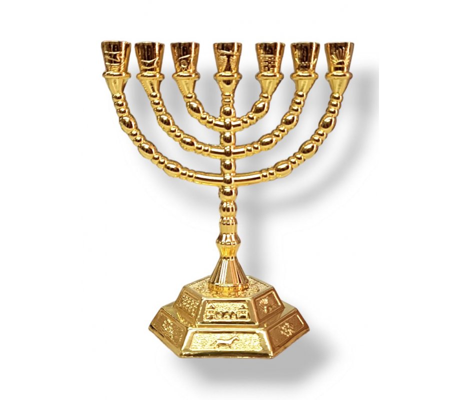 Small Gold Seven Branch Menorah with Twelve Tribes Design on Base ...