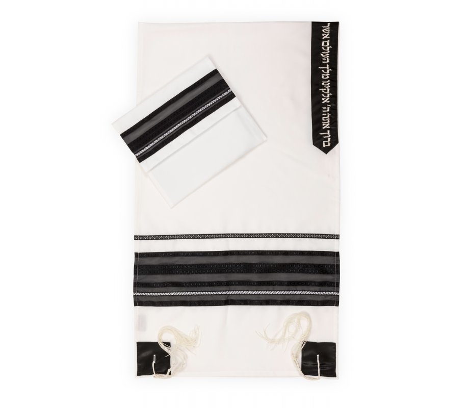 Tallit Set by Ronit Gur in White and Black Gauze Stripes | aJudaica.com