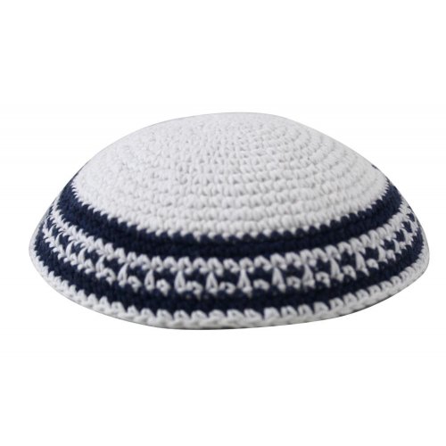 White Knitted Kippah with White Black and Blue Border Stripes - Choice ...