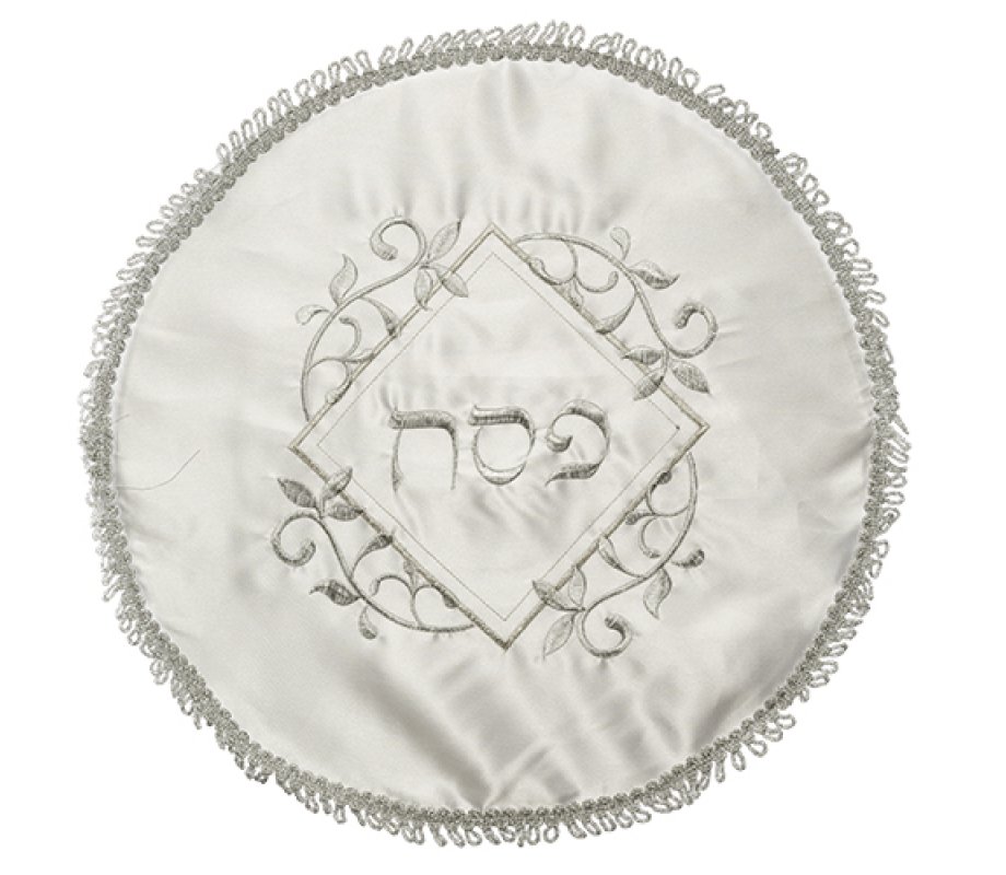 White Satin Passover Matzah Cover with Embroidered Ornate Flower Design ...